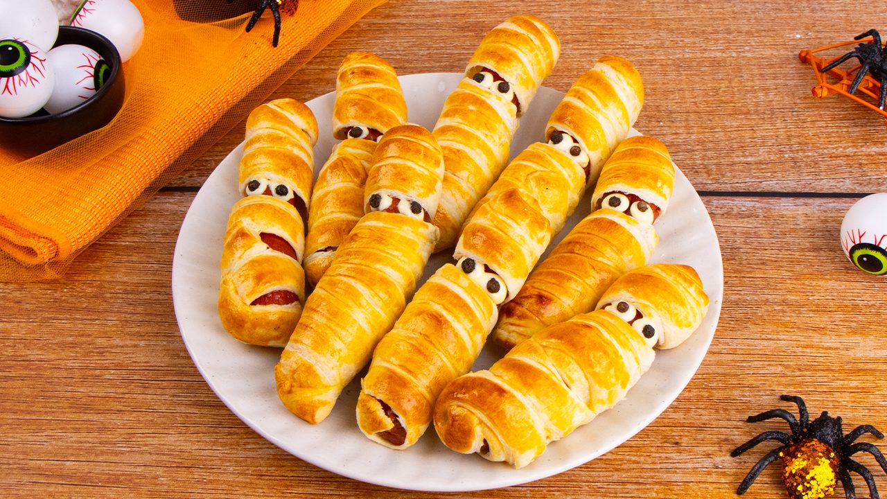 Puff Pastry Wrapped Mummy Sausages for Halloween